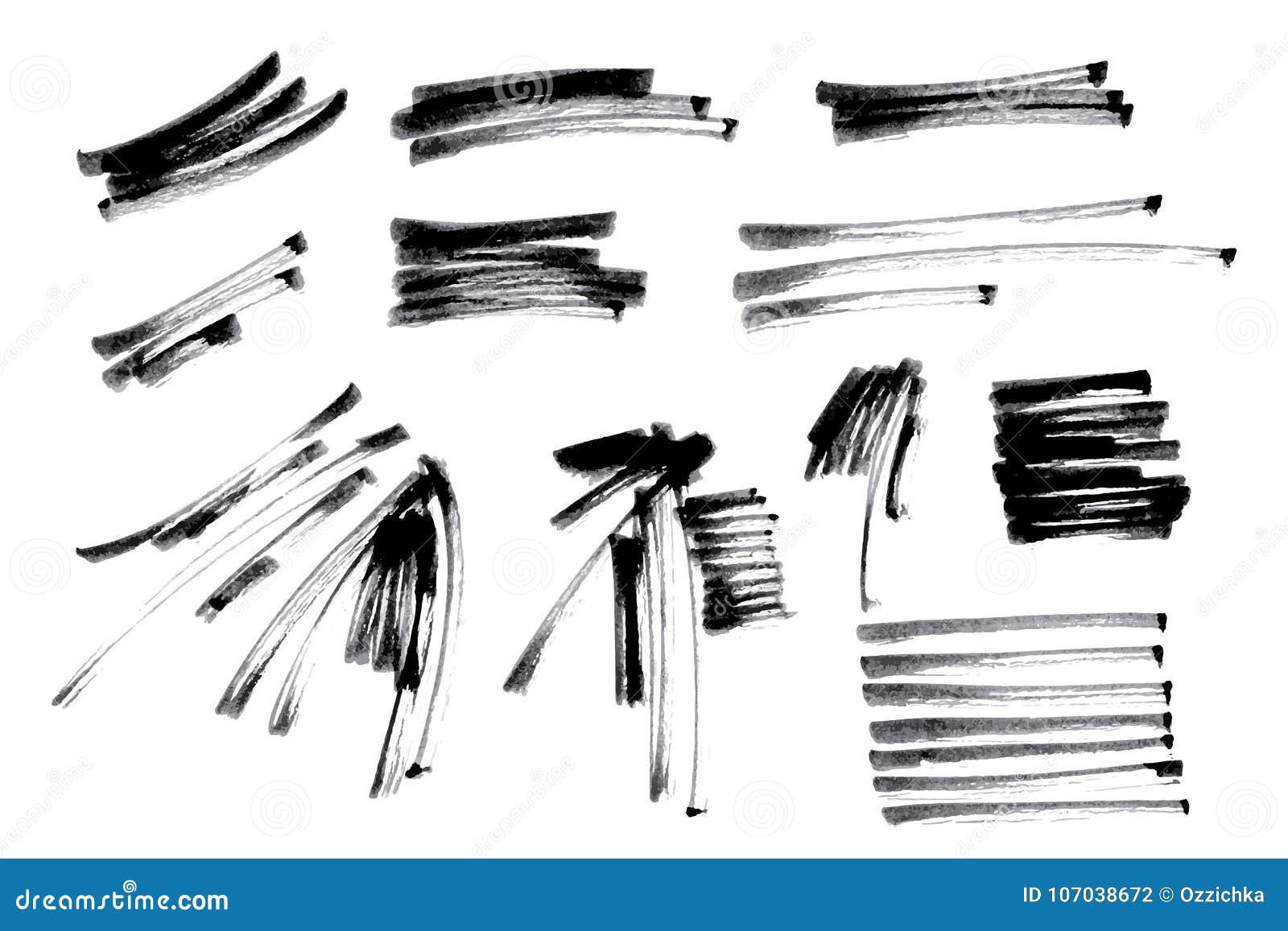 Vector Set of Ink Pen Brush Strokes. Grayscale Design Stock Vector ...