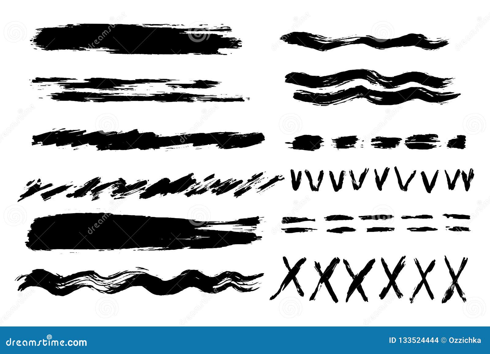 Vector Set of Ink Pen Brush Strokes. Monochrome Design Elements ...