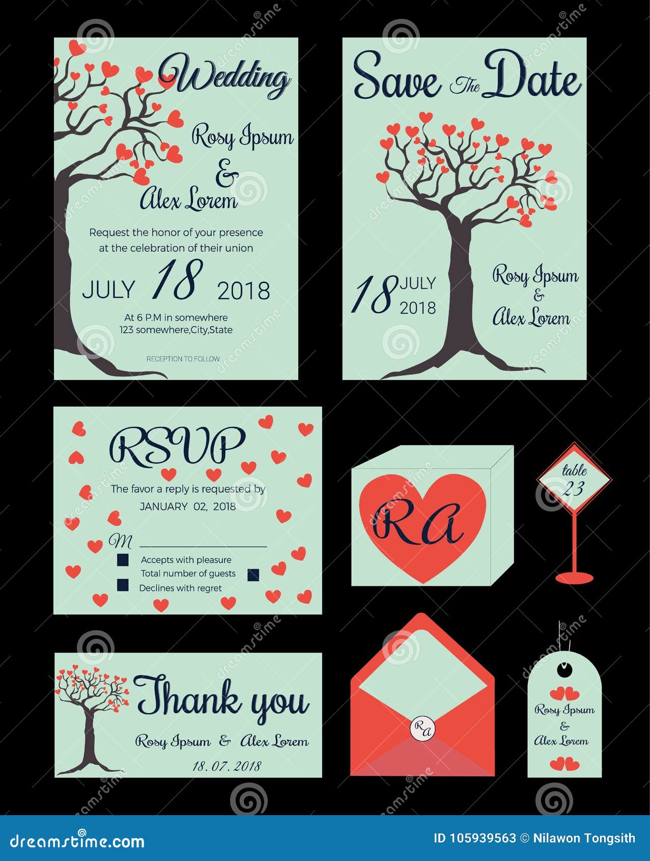 Vector Set of Invitation Cards with Elements Wedding Collection Stock ...