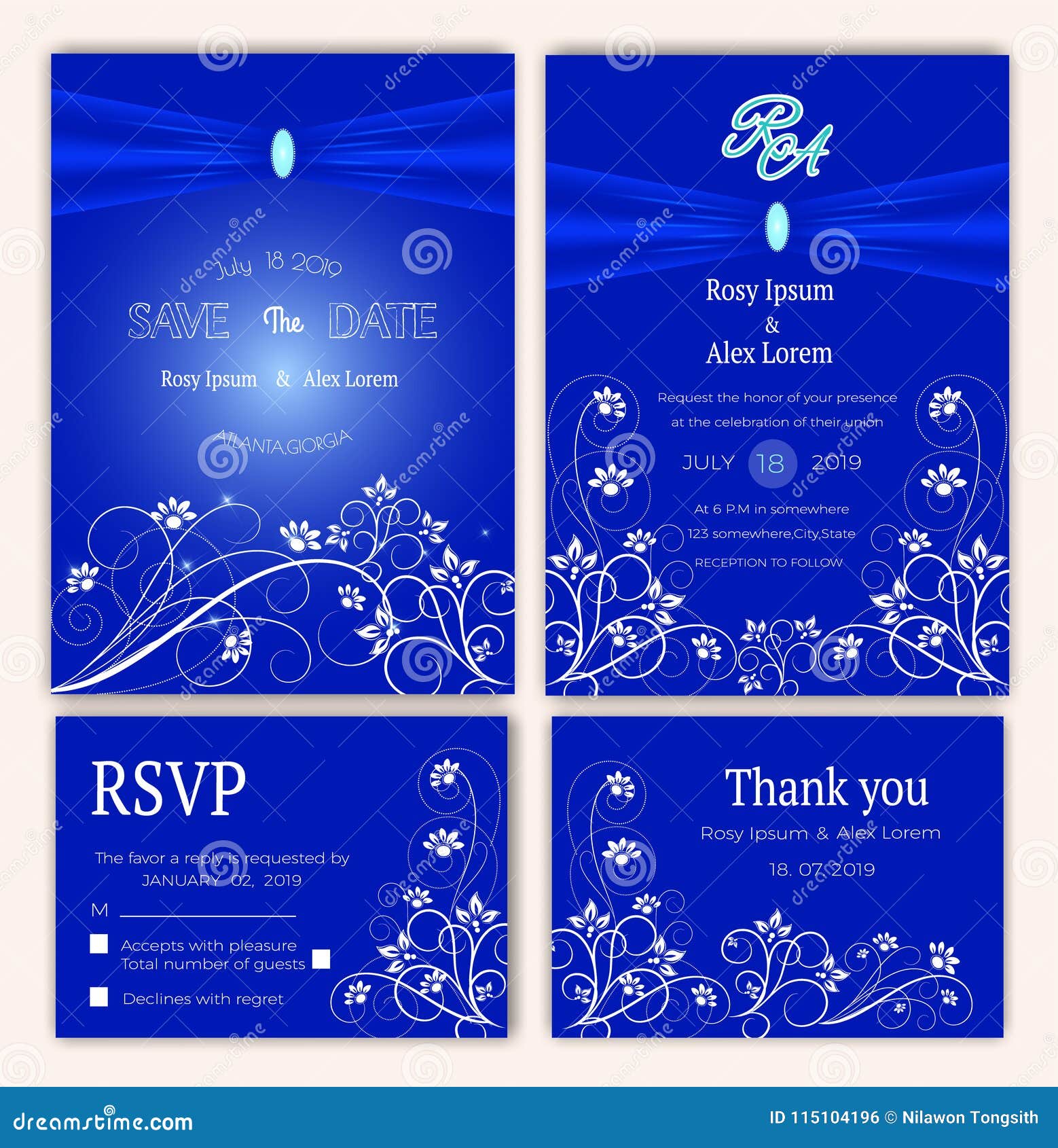 Vector Set of Invitation Cards with Flowers Elements Wedding Col Stock ...