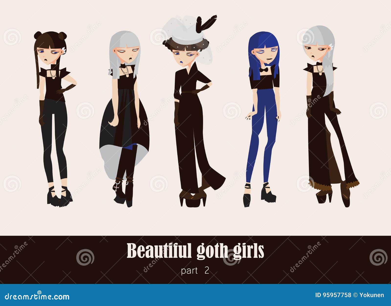 Vector Set With Isolated On Background Gothic Girls Goth Clothes In Dark Colors With Different