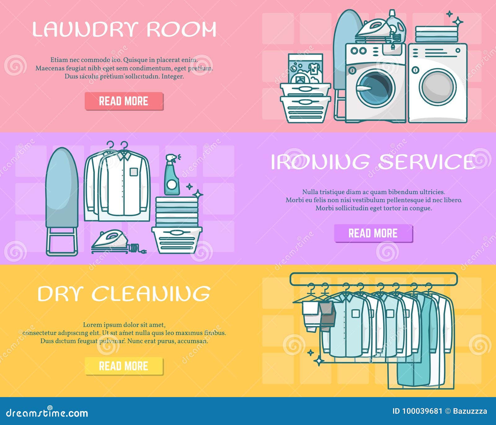 Vector Set of Laundry Horizontal Banners in Linear Style Stock Vector ...