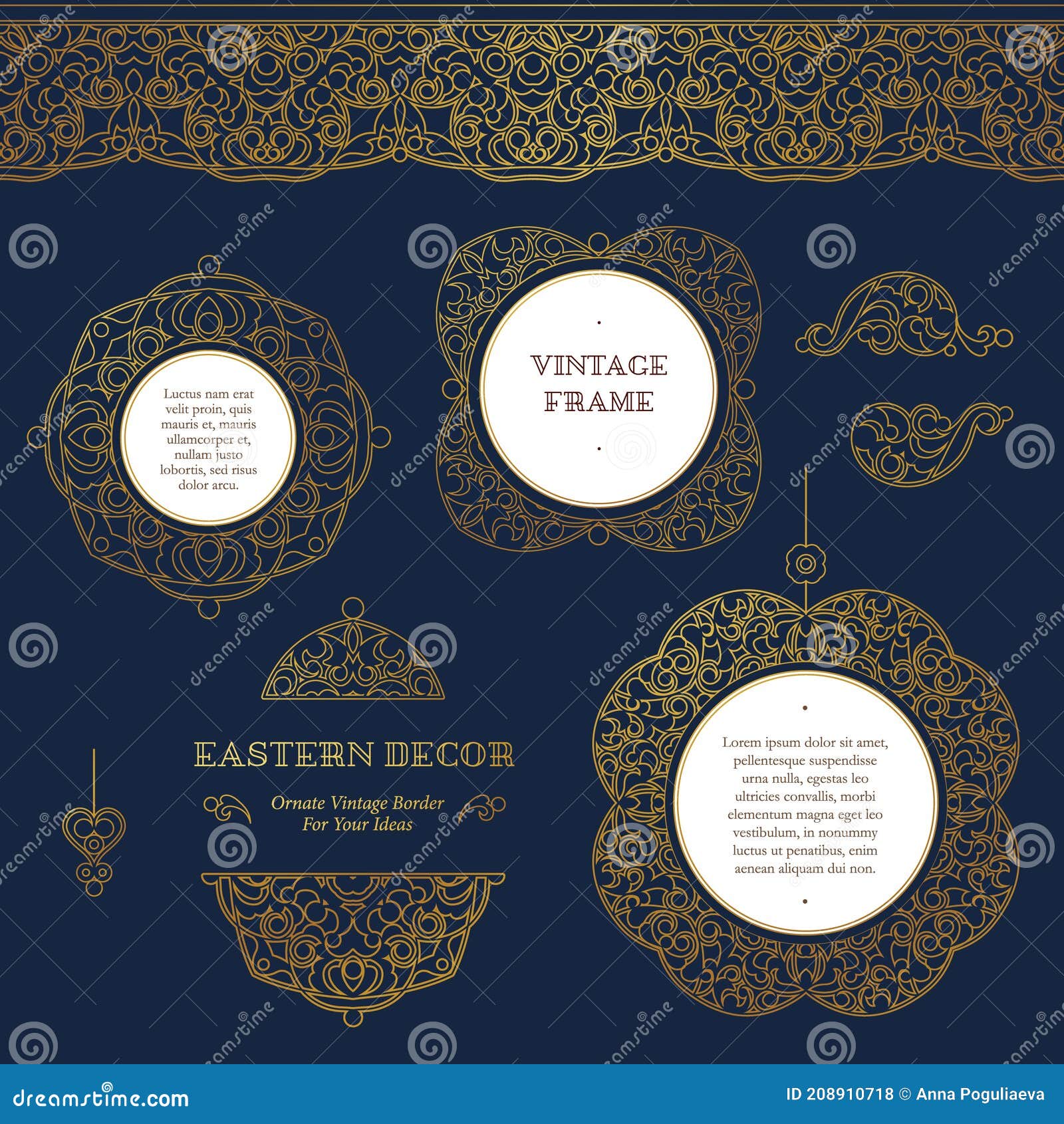 Vector Set of Line Art Frames Borders Vignette in Eastern Style Stock ...