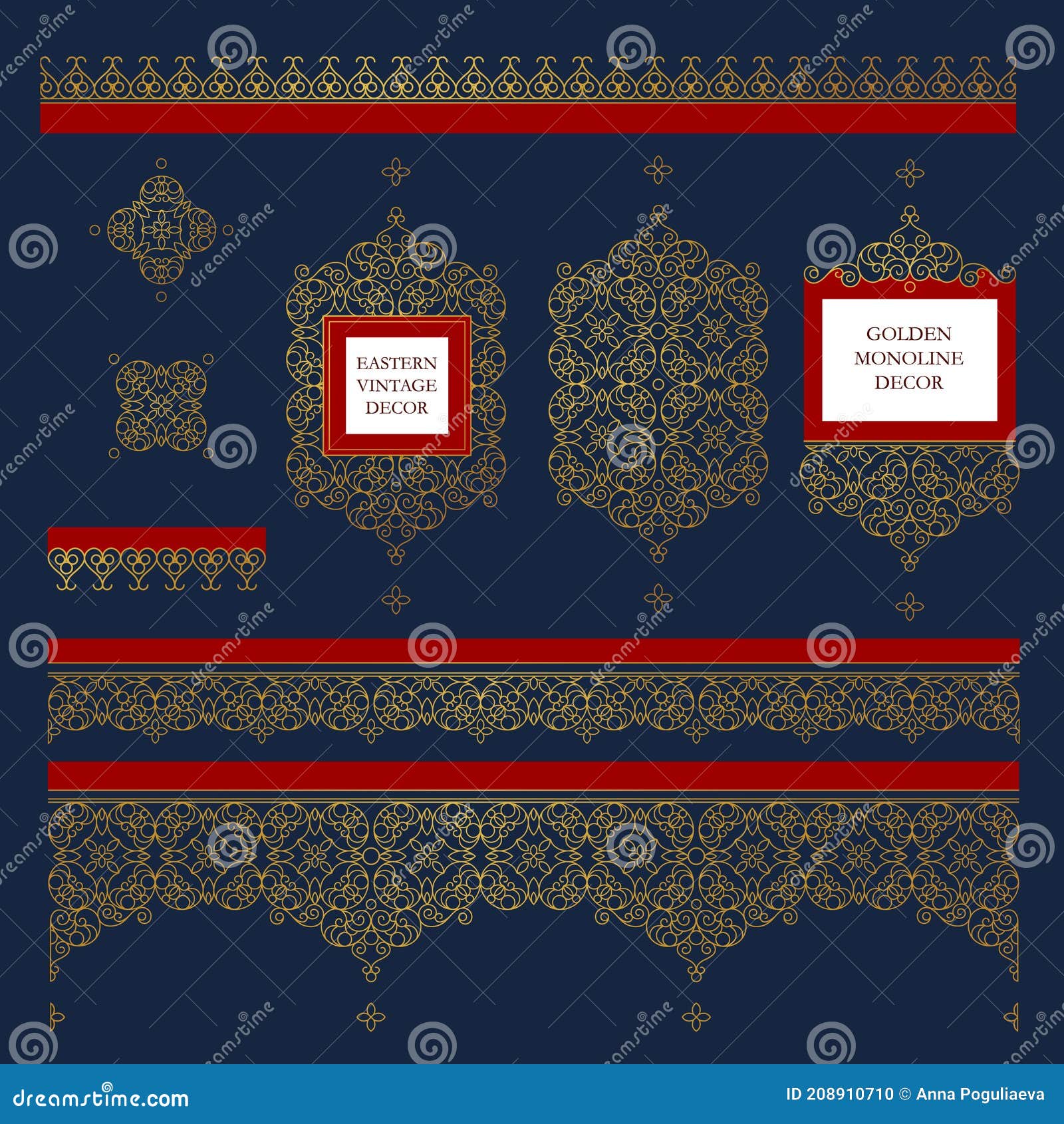 Vector Set of Line Art Frames Borders Vignette in Eastern Style Stock ...