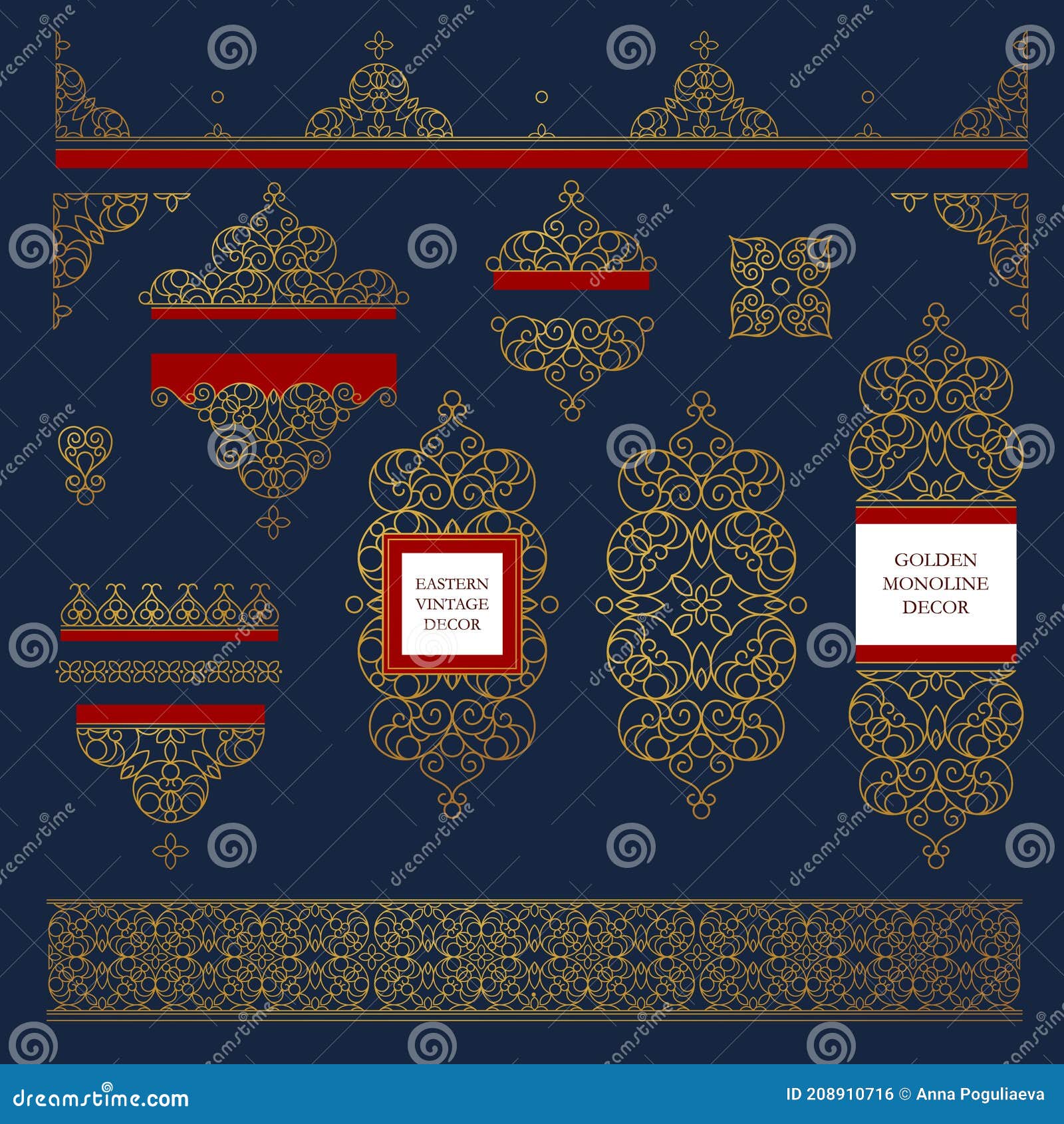 Vector Set of Line Art Frames Borders Vignette in Eastern Style Stock ...