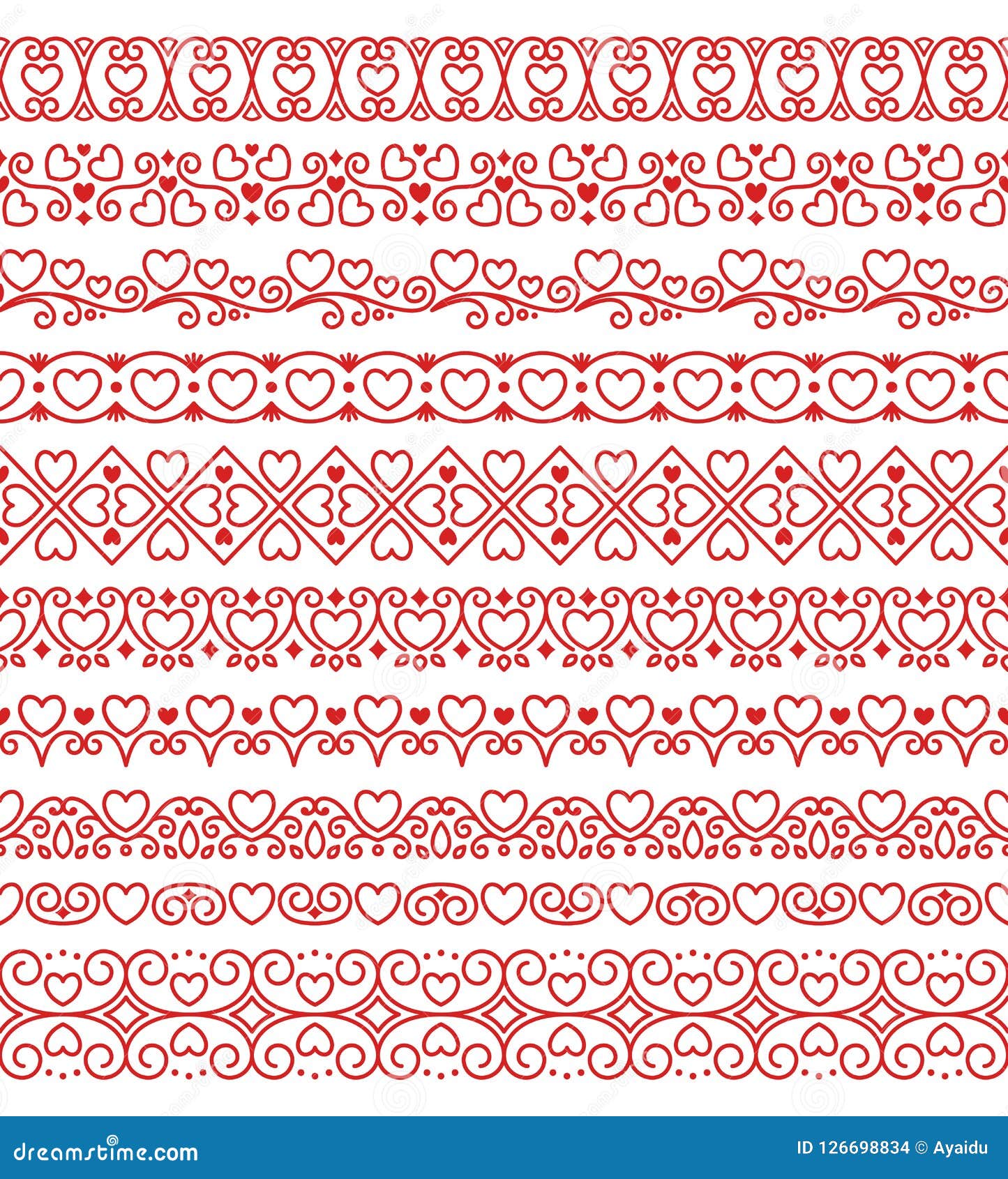 Vector Set of Linear Endless Romantic Love Brushes with Red Hearts ...