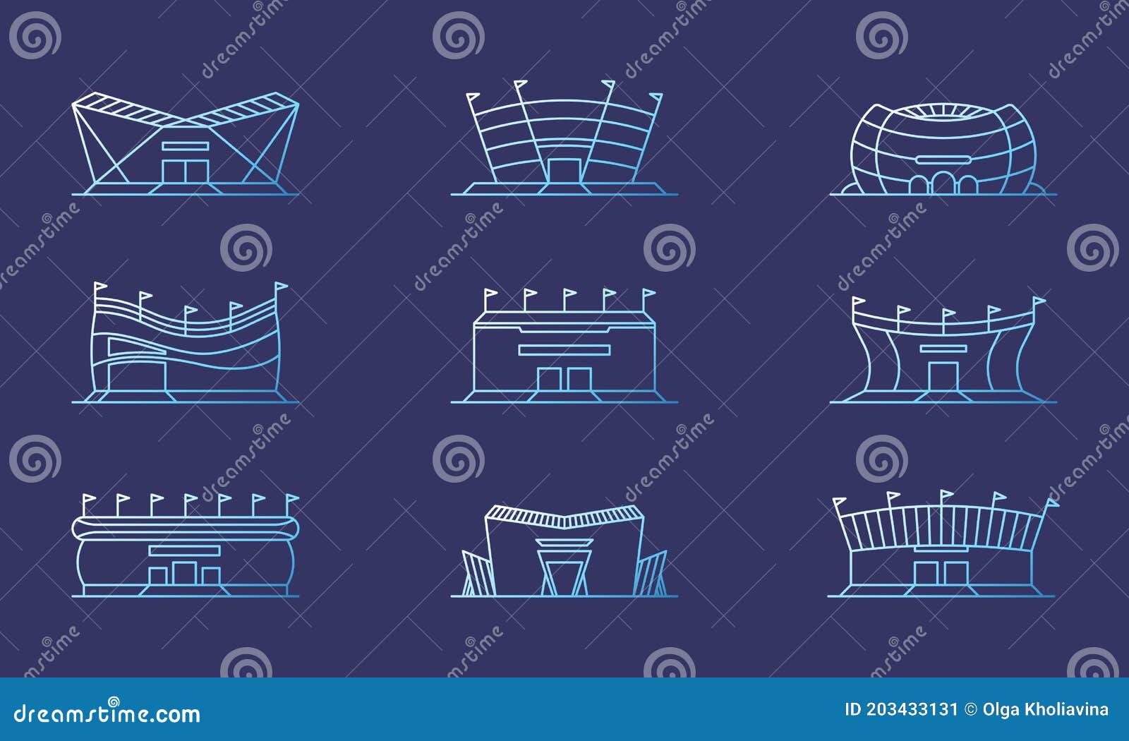 Vector Set of Linear Isolated Icons of Arenas, Stadiums. Minimalistic ...