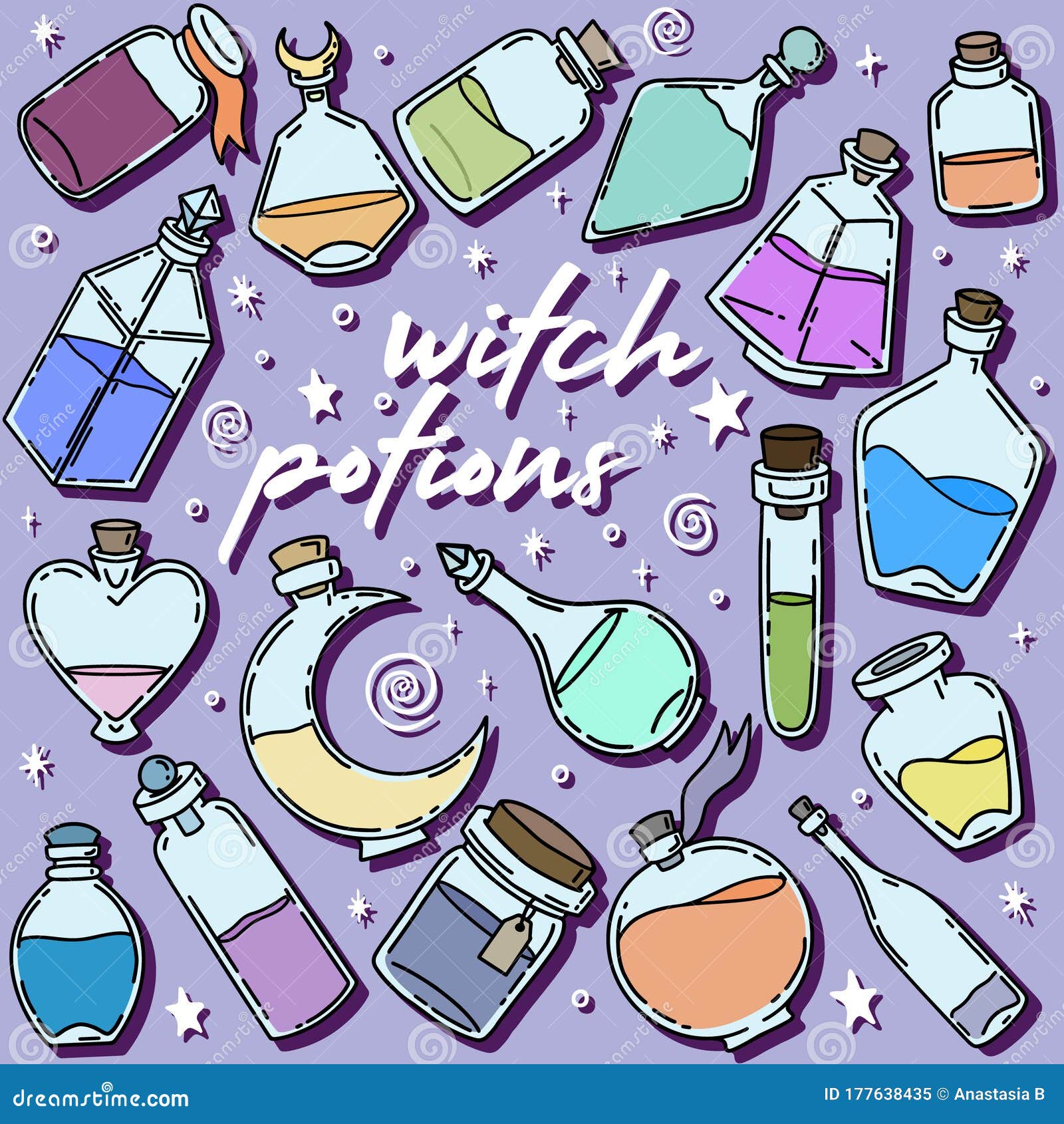 Vector Set of Magic Potions. Witch Bottles with Colorful Liquid. Magic ...