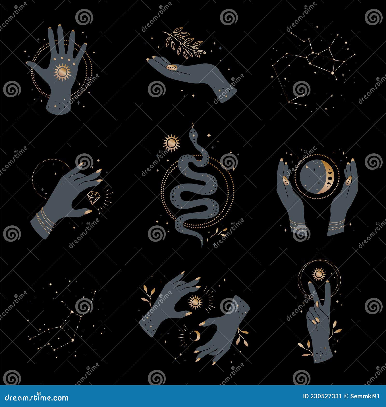 Vector Set of Magical Illustrations.a Collection of Women`s Hands with ...