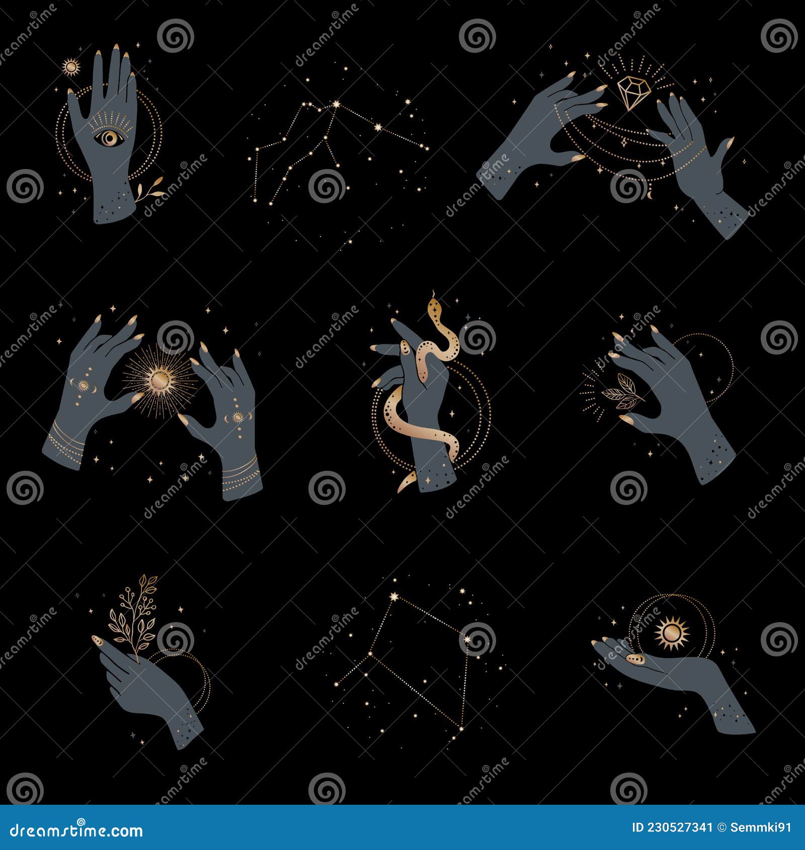 Vector Set of Magical Illustrations.a Collection of Women`s Hands with ...