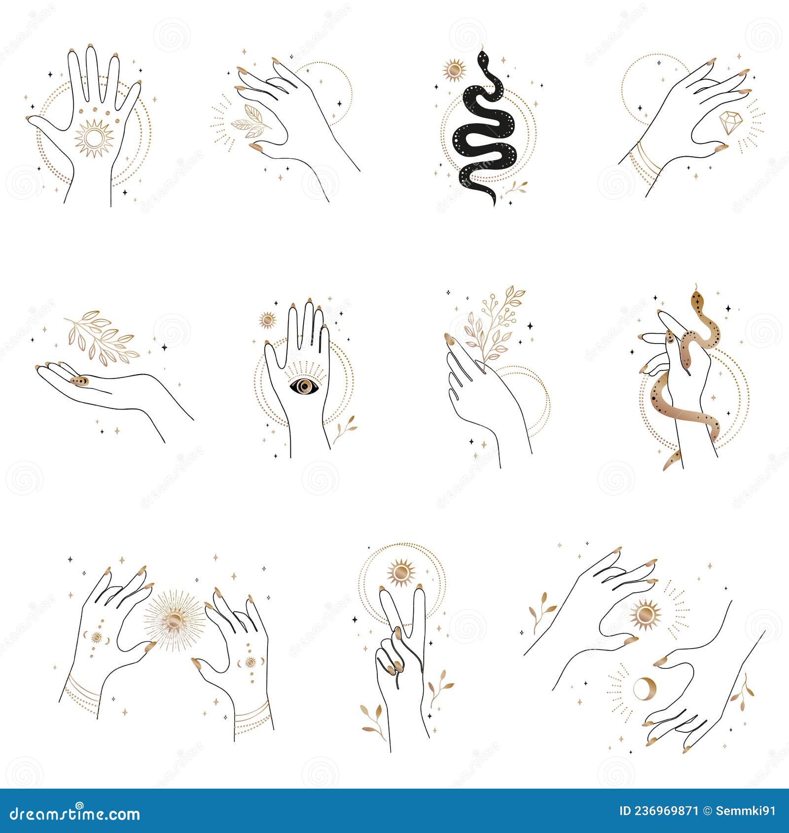 Vector Set of Magical Illustrations.a Collection of Women`s Hands with ...