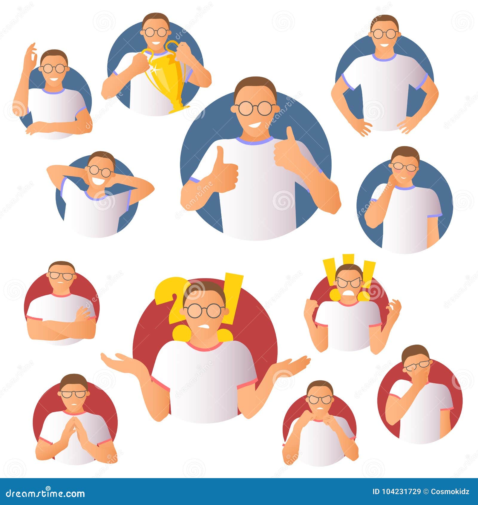 Vector Set of Man Emotional Expressions, Flat Gradient Design Icons ...
