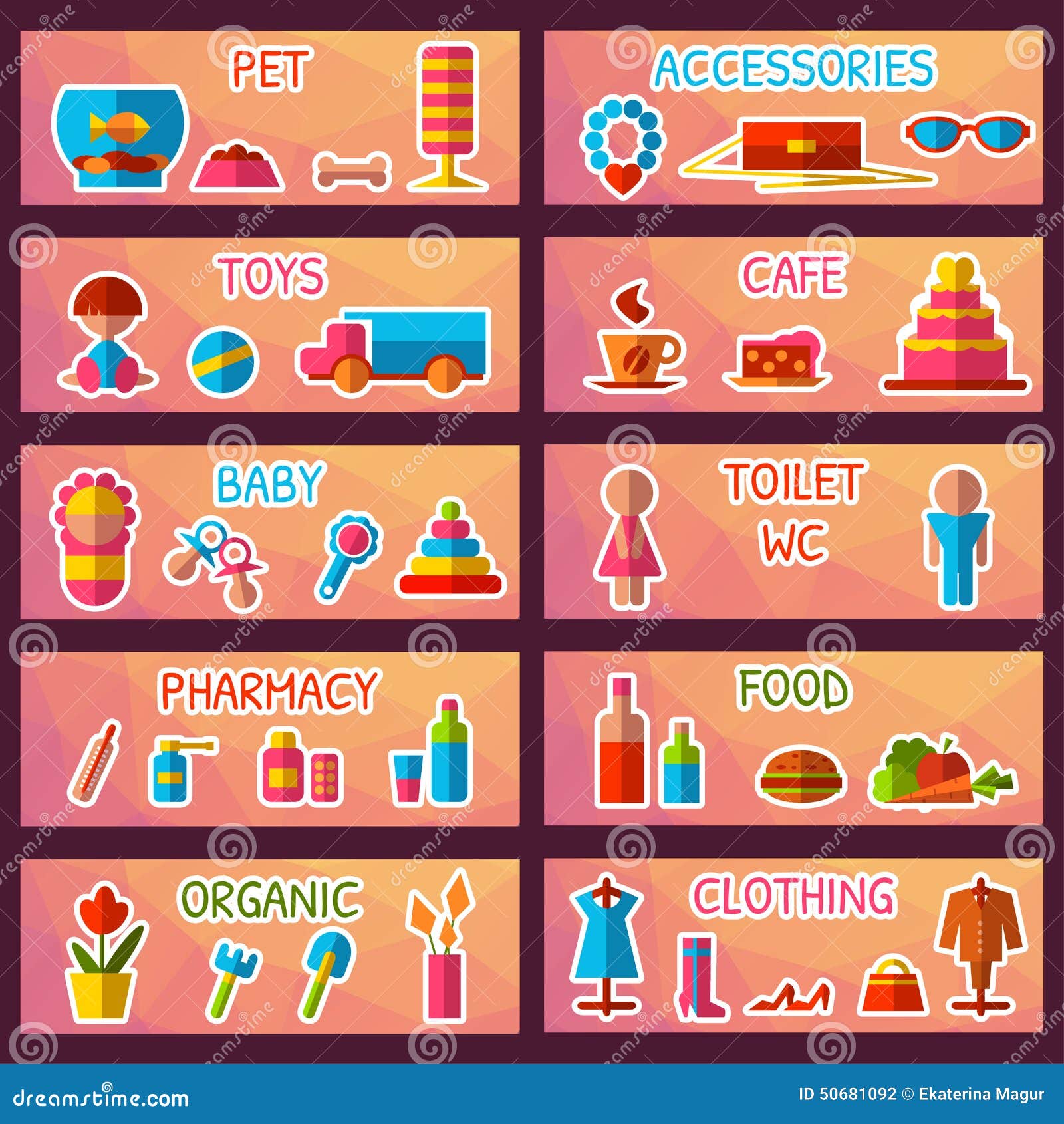 Vector Set of Market Signages in Flat Style Stock Vector - Illustration ...