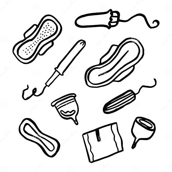 Vector Set Of Menstrual Hygiene Products In Doodle Style Hand Drawn