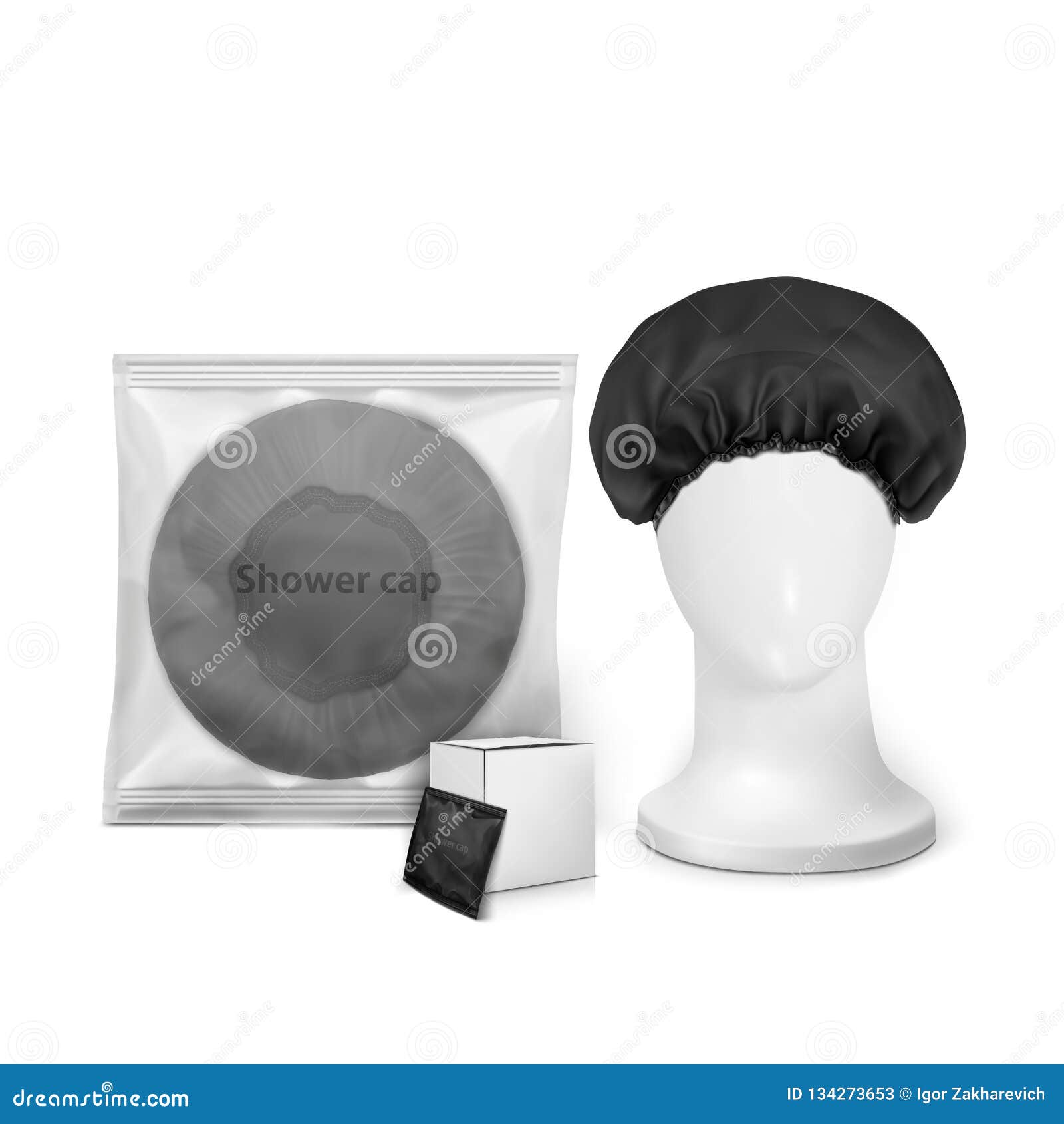 Black Waterproof Shower Cap in Transparent Package with Small Box and ...