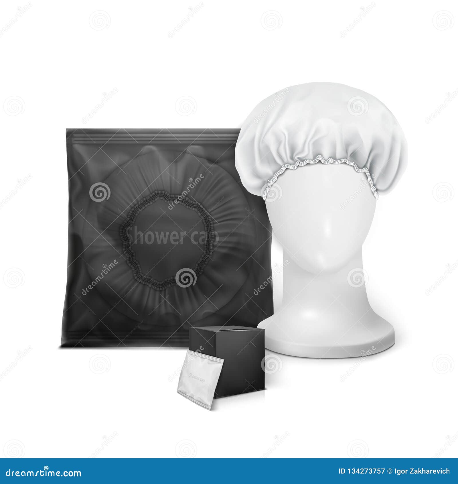 White Waterproof Shower Cap in Transparent Package with Small Box and ...