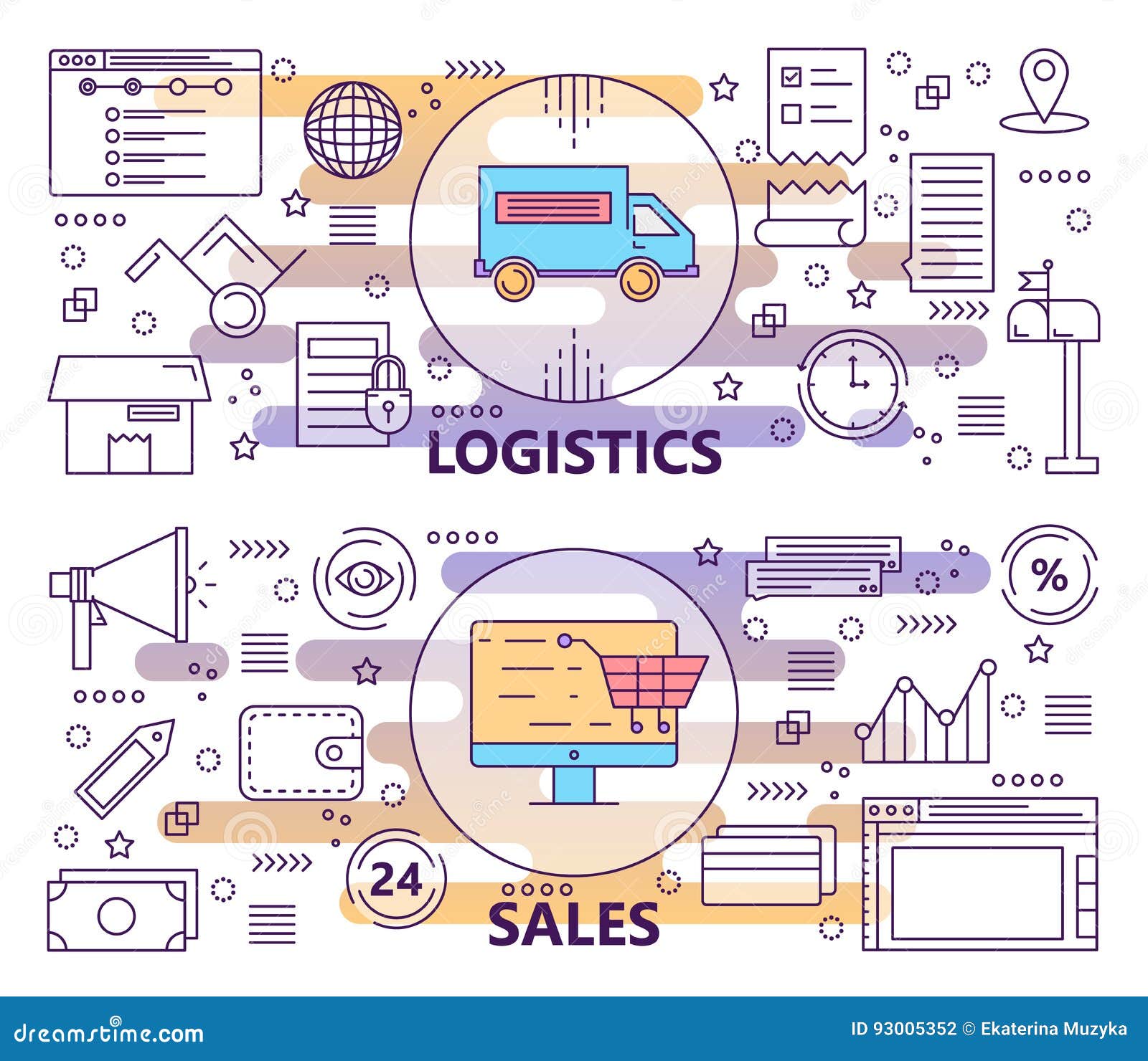 Vector Set of Modern Thin Line Logistics and Sales Banners Stock Vector ...