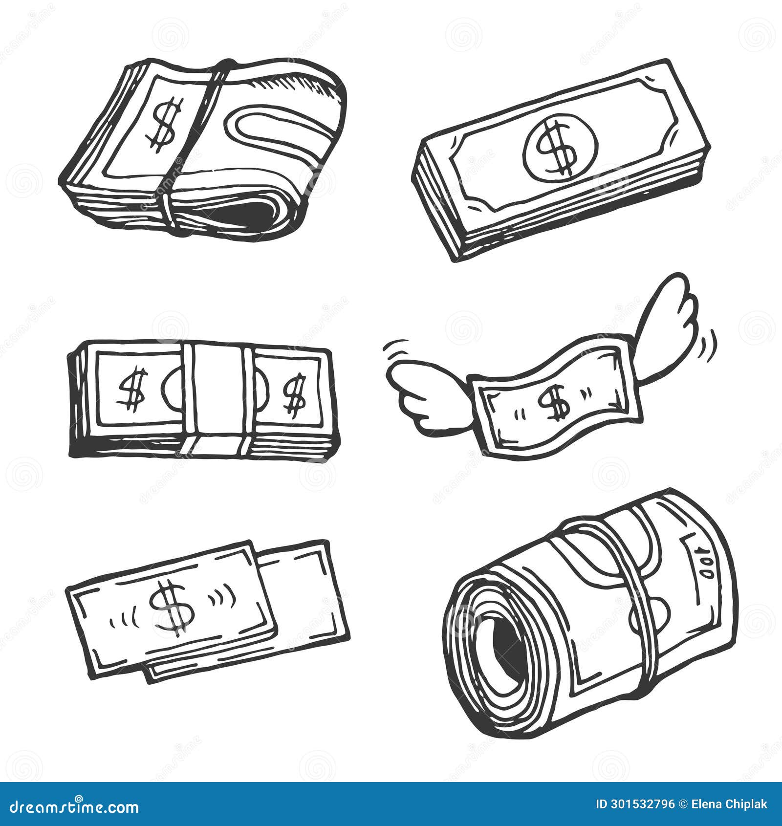 Vector Set of Money. Hand Drawn Doodle Dollar Banknotes and Coins Stock ...