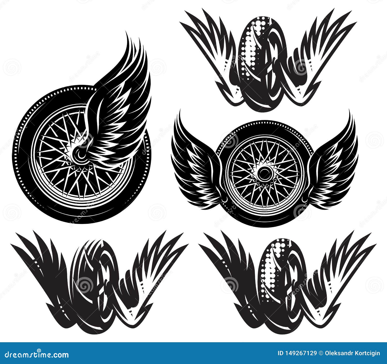 Vector Set of Monochrome Pattern with Wheel, Wings on a Motorcycle ...