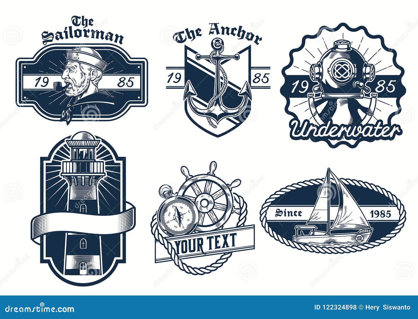 Nautical Badge; Ship Wheel, Anchor, Oar, Captains Hat Icons Cartoon ...