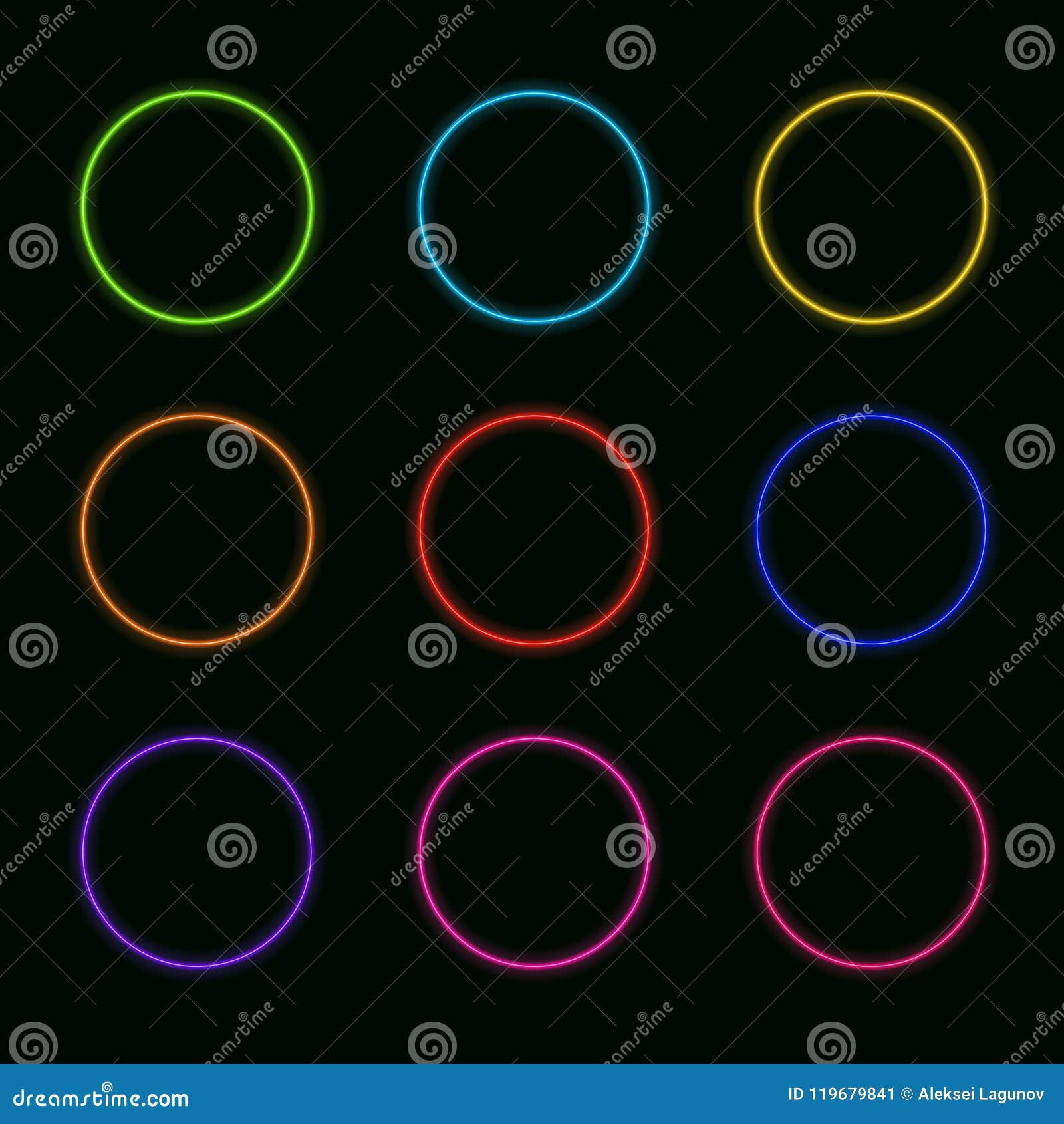 Vector Set of Neon Circles: Rainbow Colors Round Shapes Glowing. Stock ...