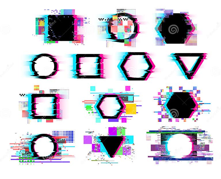Vector Set of Neon Glitch Frames on Isolated Background. Stock ...