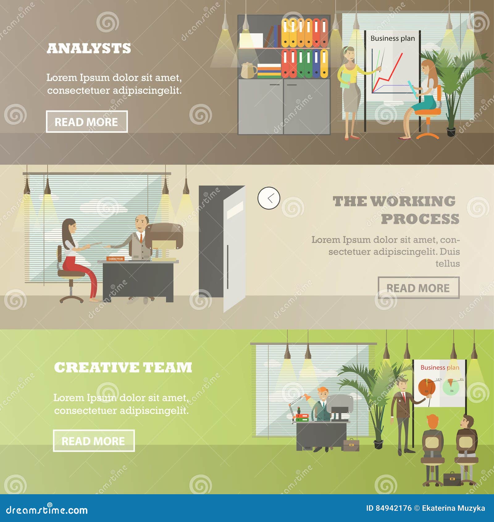 Vector Set of Office Concept Horizontal Banners in Flat Style. Stock ...