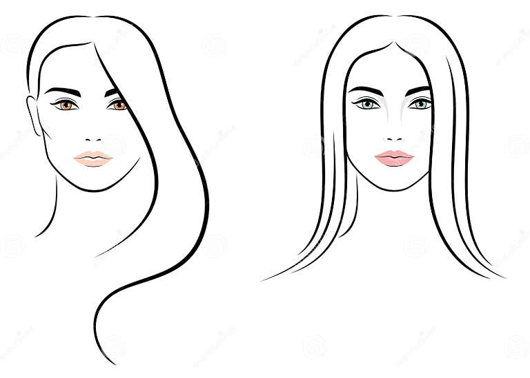 Vector Set Of Outline Abstract Female Face Portraits Frontal View