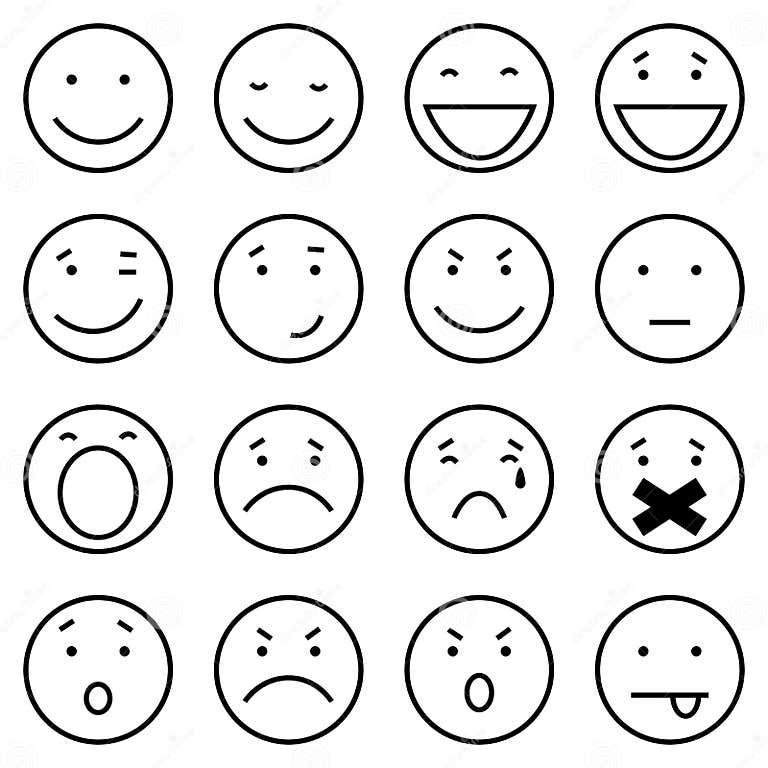Vector Set of 16 Outline Emoticons Stock Vector - Illustration of black ...