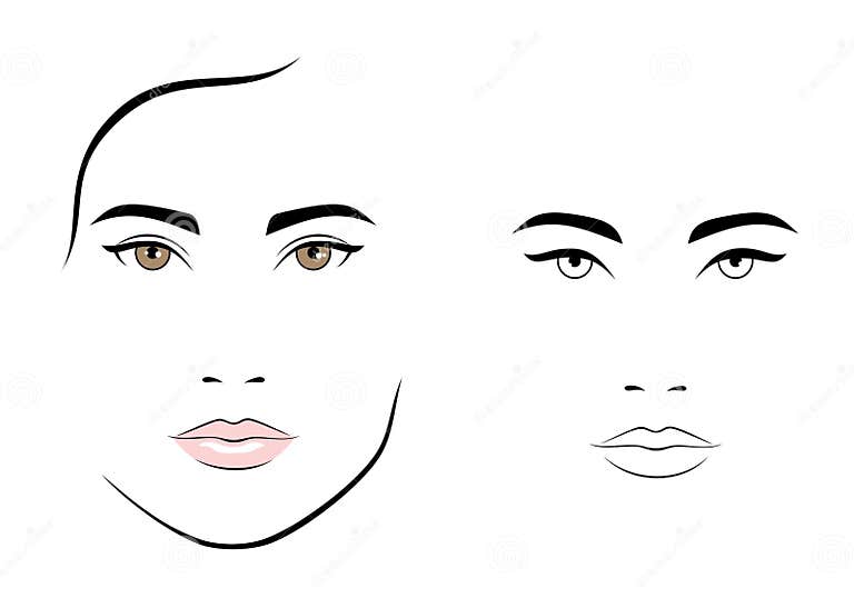 Vector Set Of Outline Female Face Portrait Frontal View Isolated Stock