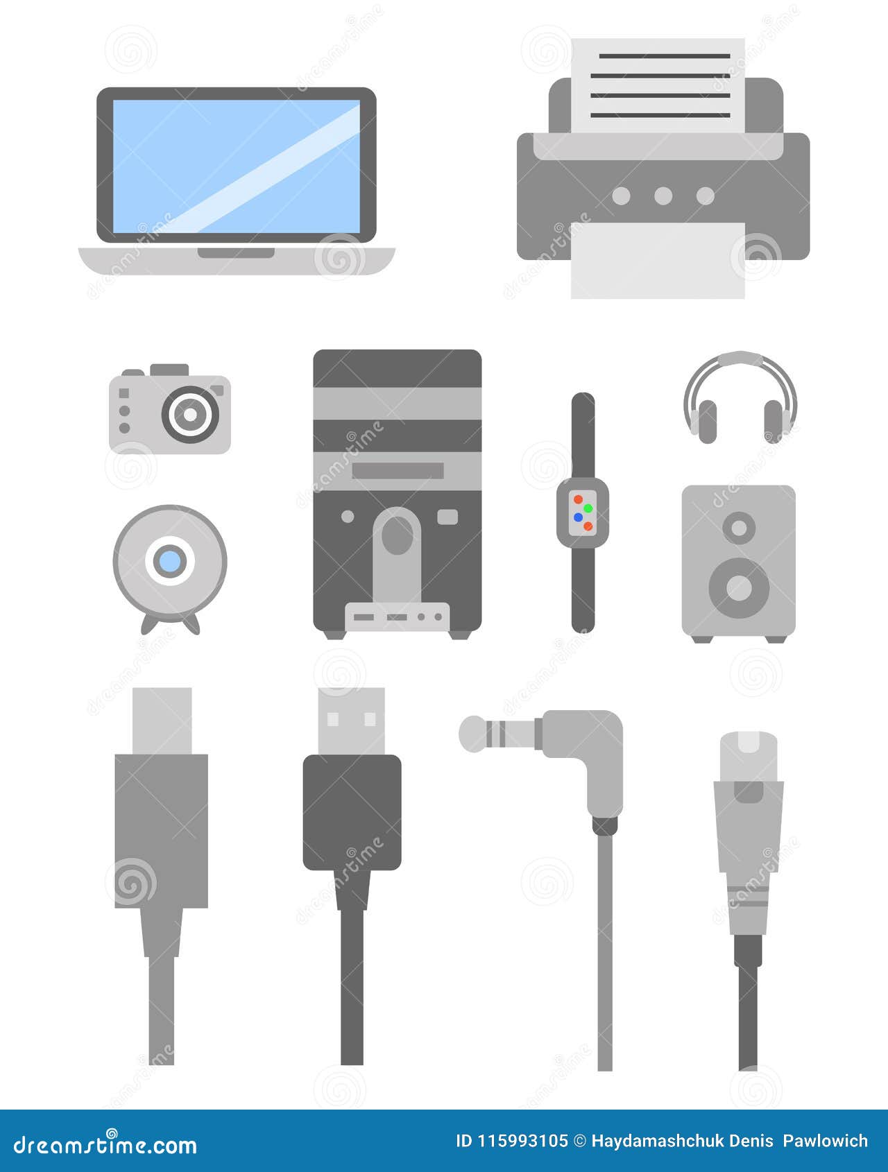 Vector Set of PC Flat Icons. Cable Wire Computer and Electricity Plug ...