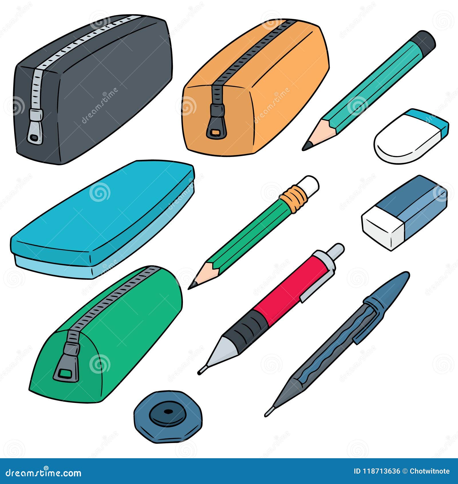 Vector set of pencil case stock vector. Illustration of eraser - 118713636