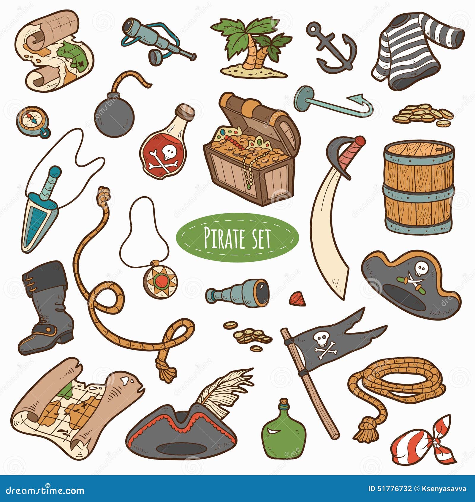 Vector Set of Pirate Items, Colorful Cartoon Collection Stock Vector ...