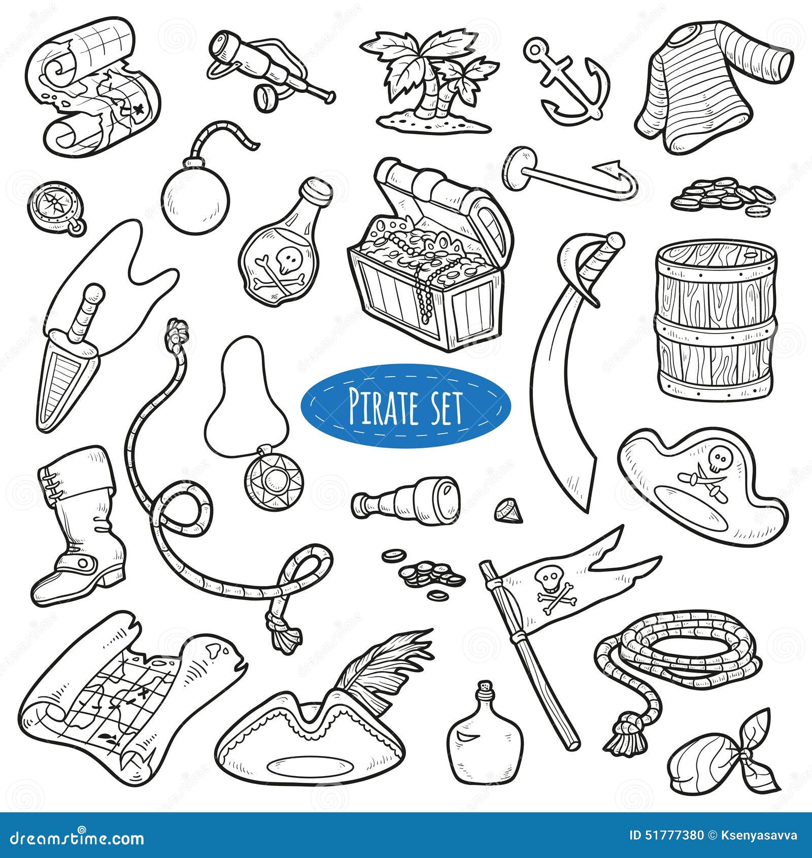 Vector Set of Pirate Items, Colorless Cartoon Collection Stock Vector ...