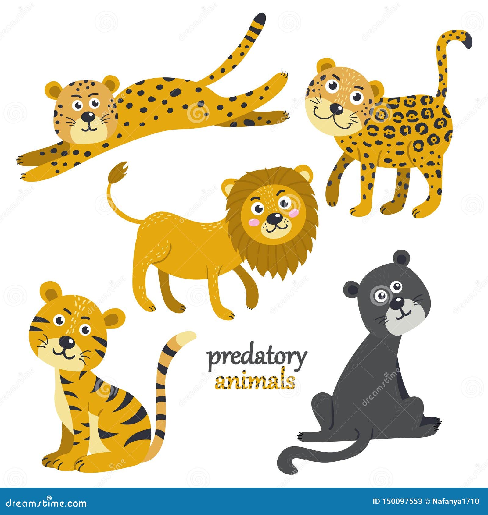 Predatory Animals Set Wolf Bear Fox Tiger Lion Cheetah Isolated Cartoon ...