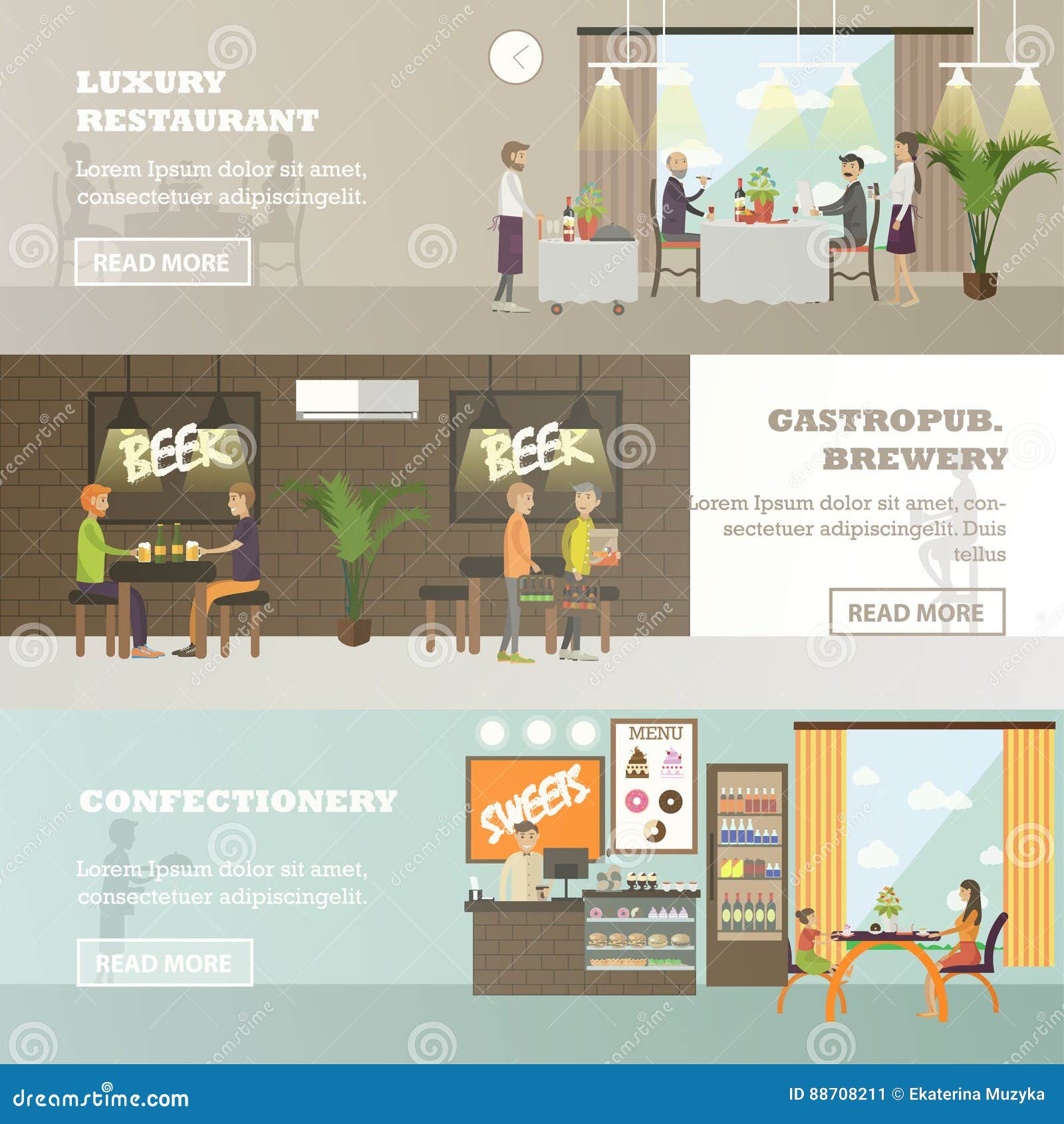 Vector Set of Pub Horizontal Banners in Flat Style Stock Vector ...