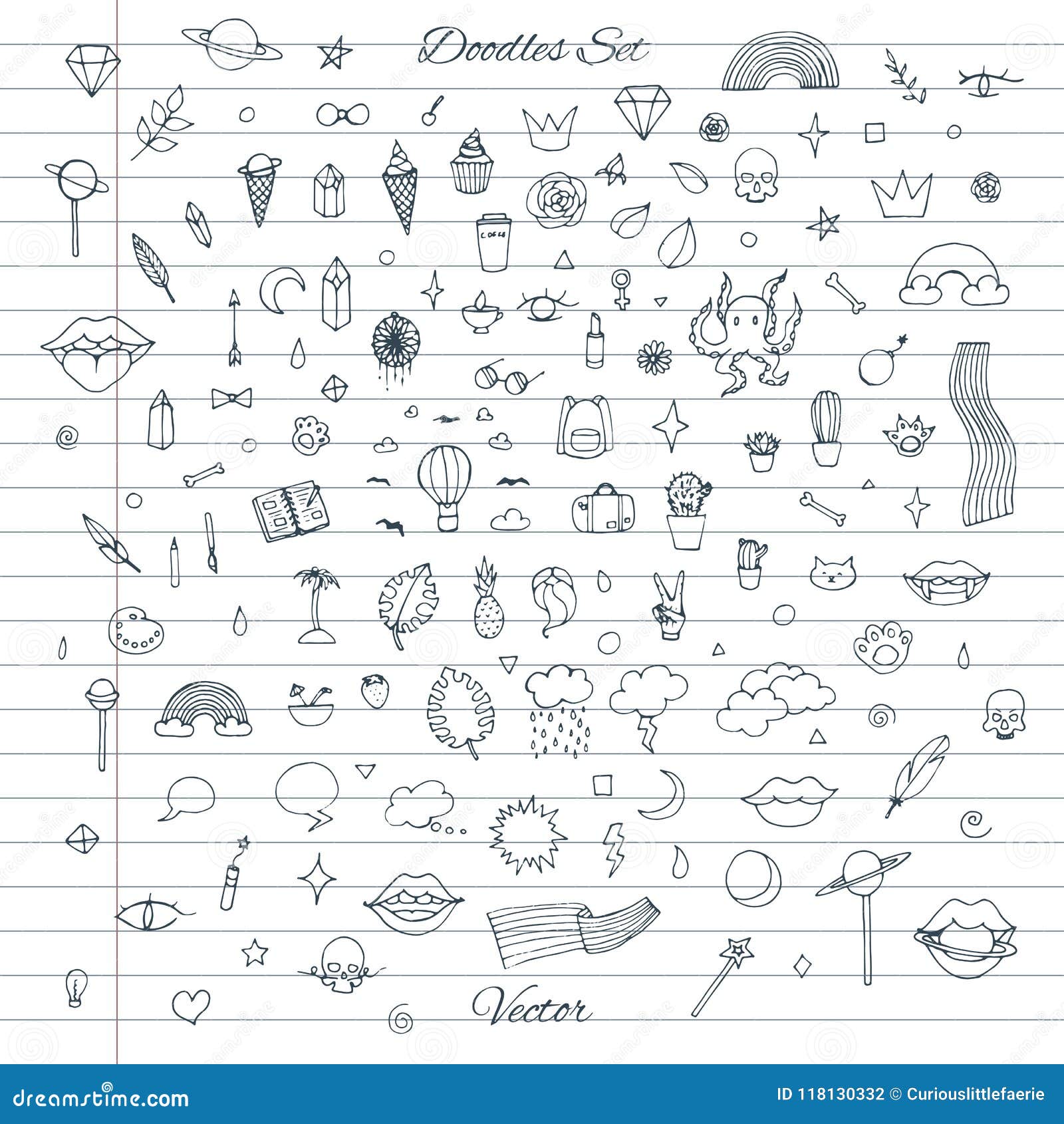 Vector Set of Random Doodles with Clouds, Rainbows, Lips, Cats, Cactus ...