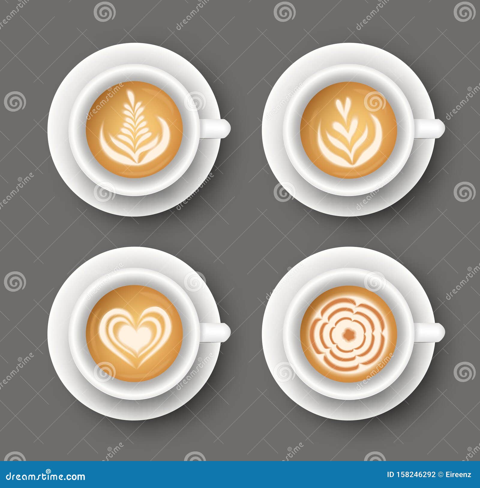 Vector Set with Realistic Cups with Coffee. Collection of Latte Art Top ...