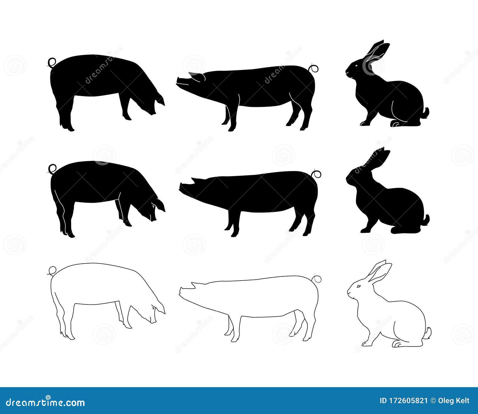 Vector Set Of Realistic Silhouettes Of Pigs And Hare. Linear Drawing ...