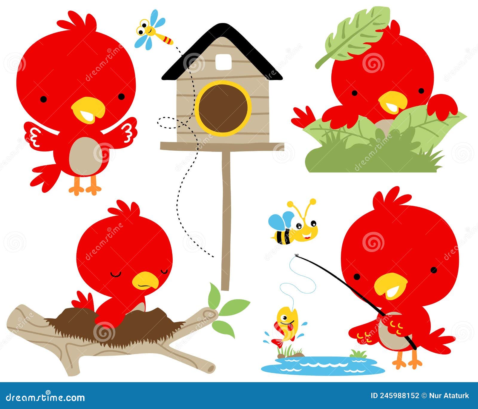 Vector Set of Red Bird Cartoon Illustration in Activity Stock Vector ...