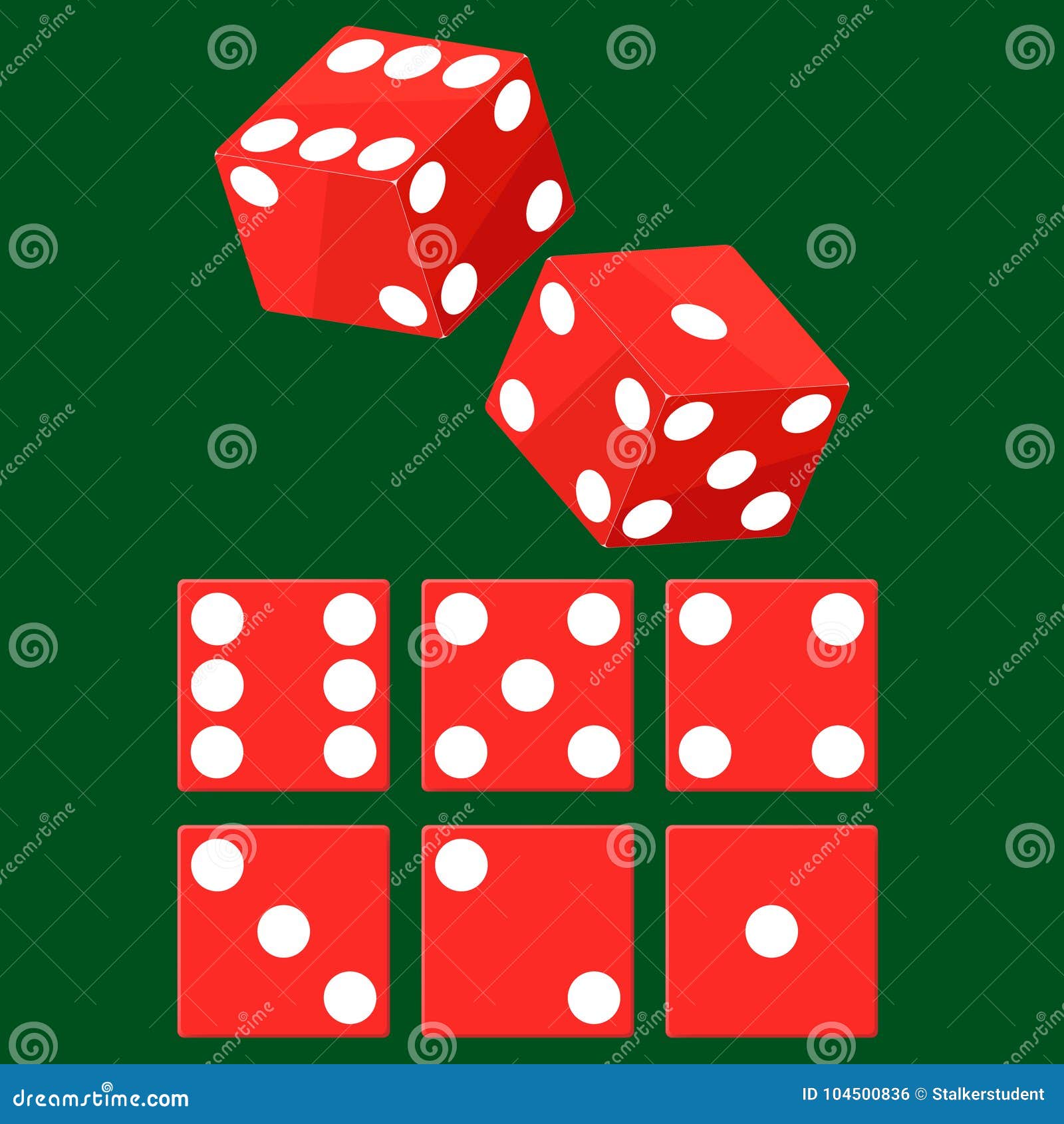 Vector Set of Red Casino Dice Top View Isolated on Green Poker Table ...