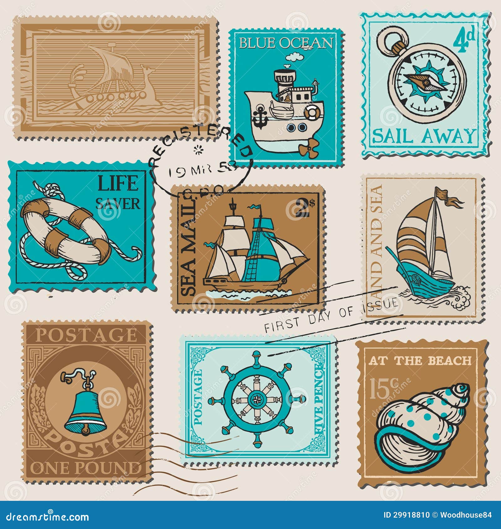 Vector Set of Retro SEA POST Stamps Stock Vector - Illustration of ...