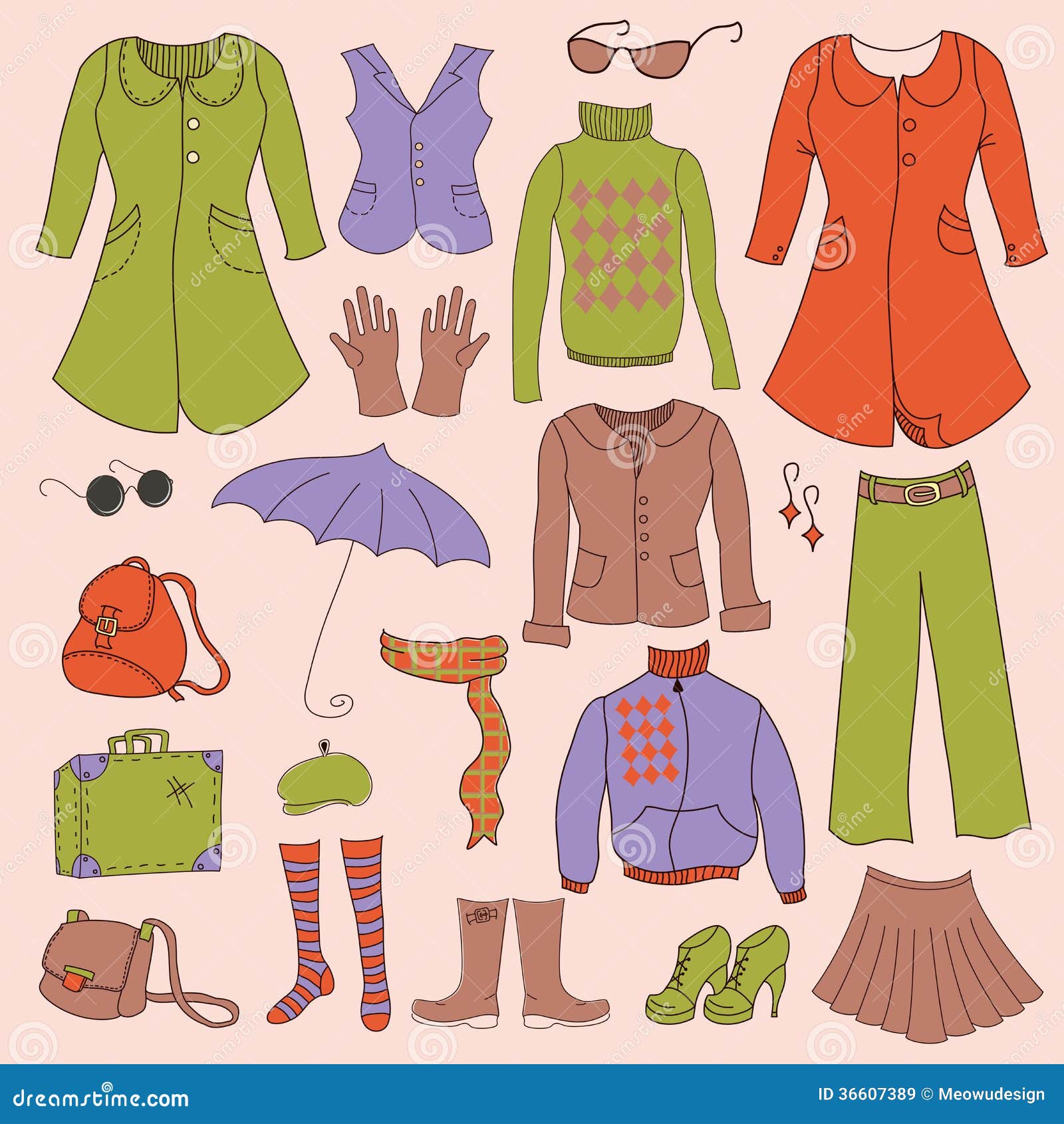 Vector Set, Retro Woman Clothes Stock Vector - Illustration of glove ...