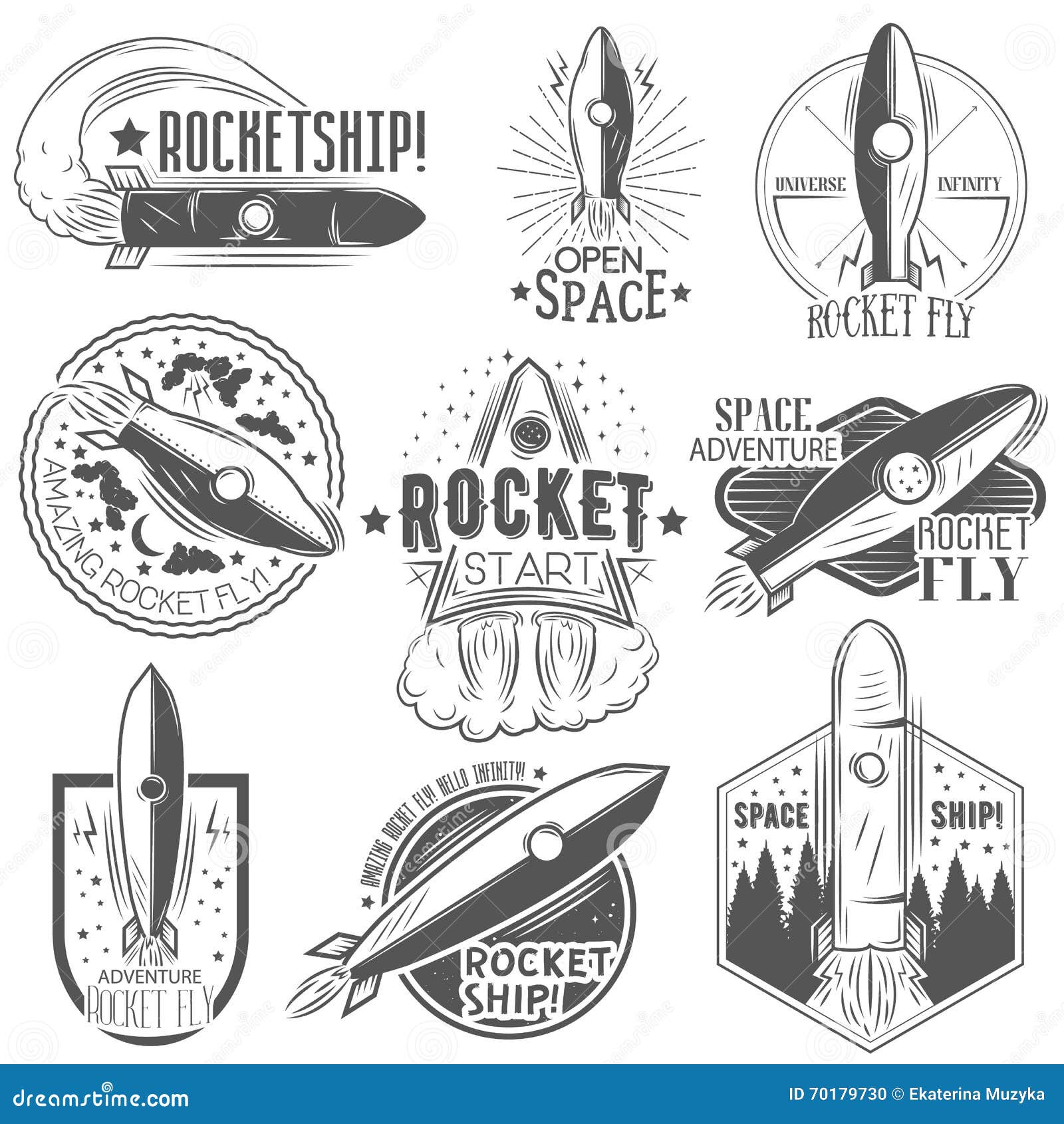 Vector Set of Rocket Launch Labels in Vintage Style. Stock Vector ...