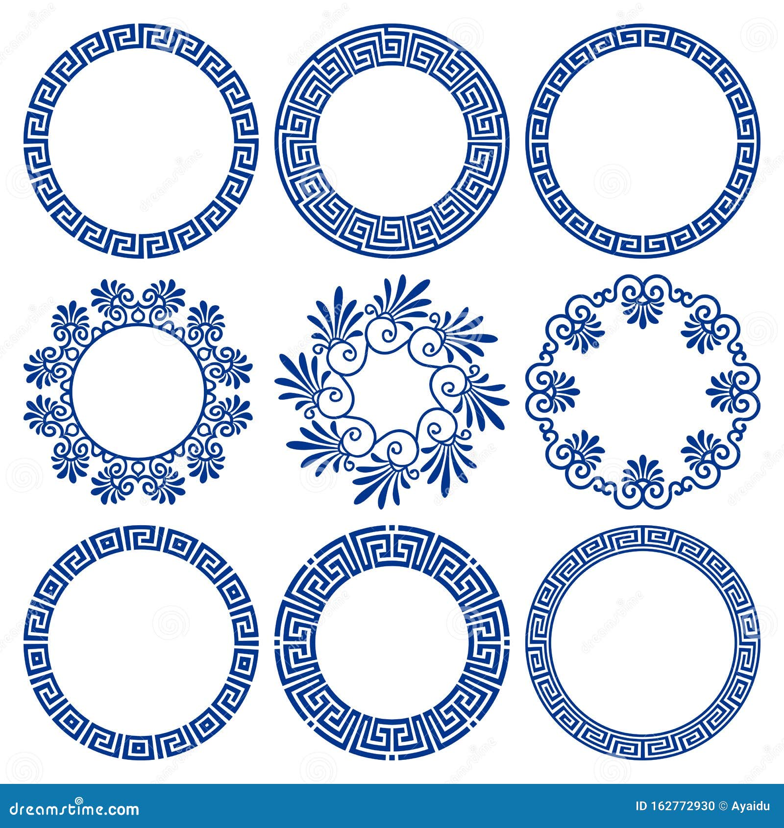 Vector Set of Round Blue Frames in Traditional and Modern Greek Style ...
