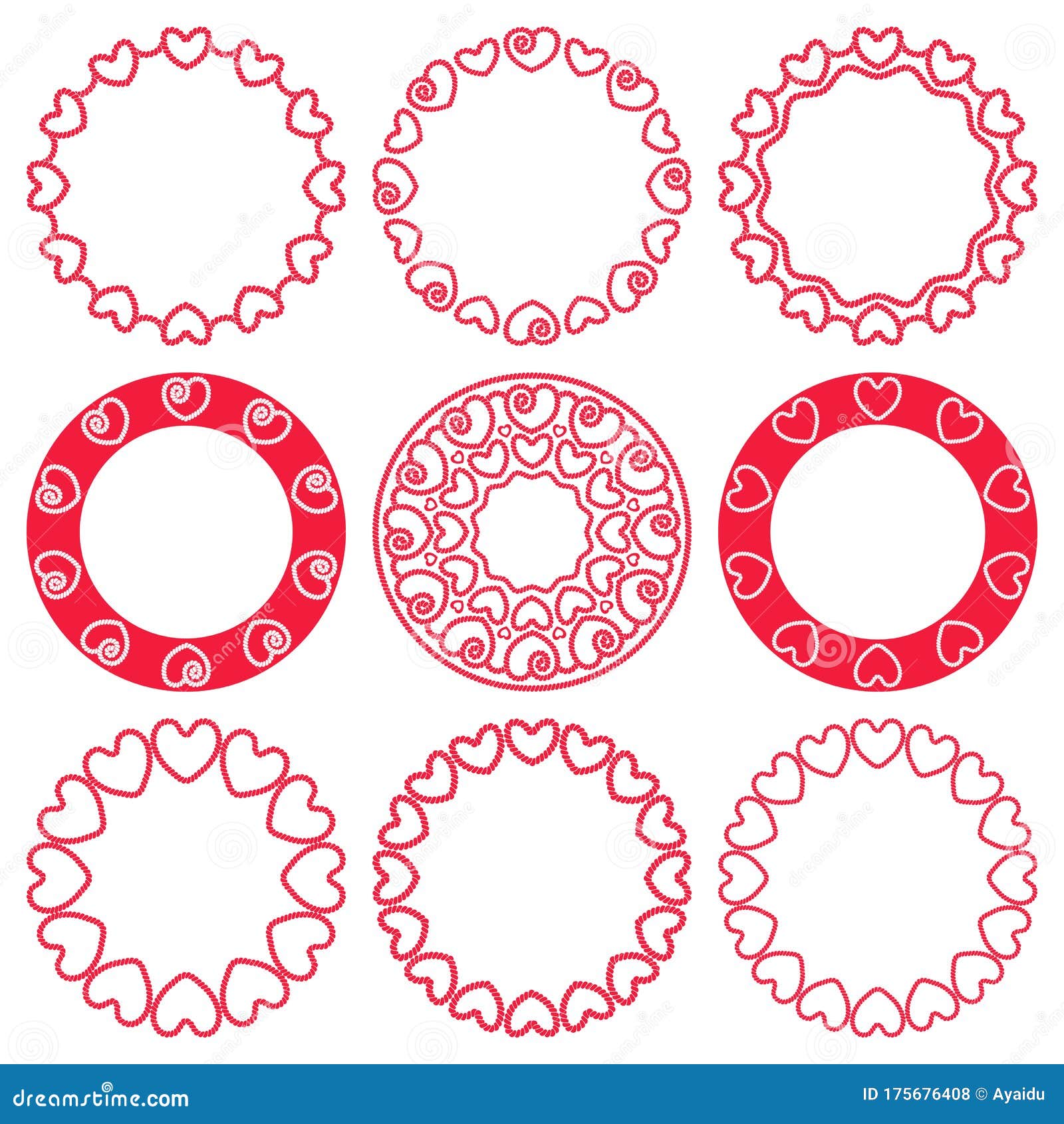 Vector Set of Round Frames with Red Hearts in a Marine Style Stock ...