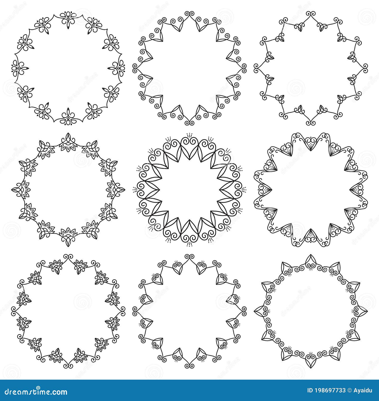 Vector Set of Round Frames and Vignettes with Linear Elegant Floral ...