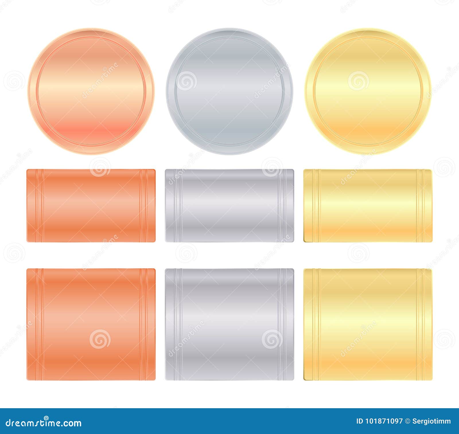 Vector Set of Round Medals of Gold, Silver, Bronze and Rectangular and ...