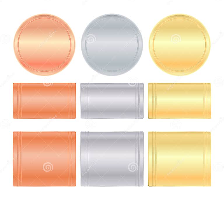 Vector Set of Round Medals of Gold, Silver, Bronze and Rectangular and ...