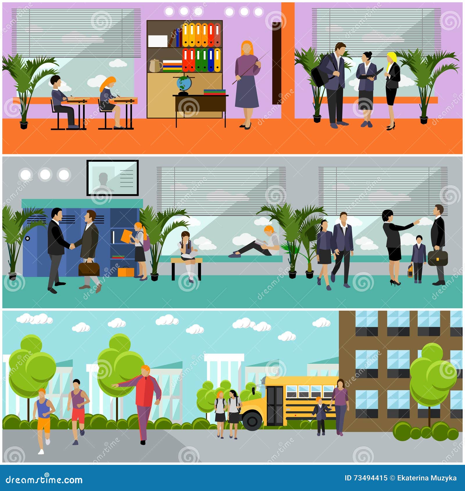 Vector Set of School Concept Banners. Building Interior, Pupils ...